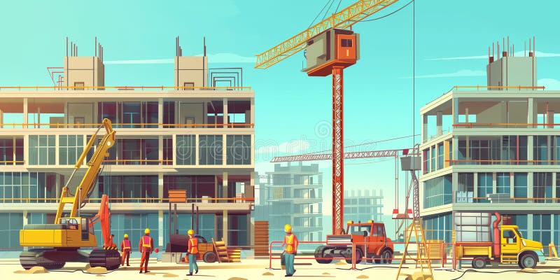 Construction Site with Heavy Machinery and Workers Stock Photo - Image ...