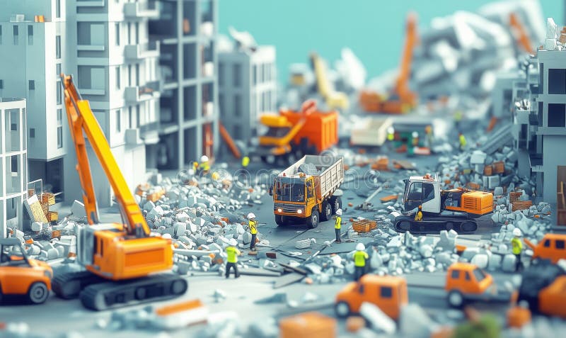 Construction Site with Heavy Machinery and Workers Clearing Debris from ...
