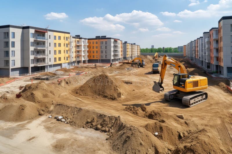 Construction Site with Heavy Machinery Working on New Building Stock ...