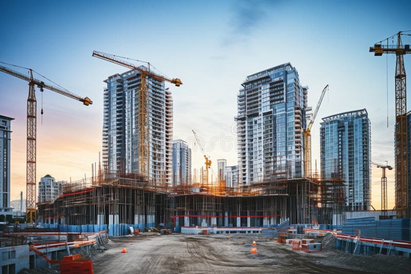 Construction Site with High Cranes Working on the Construction of a ...