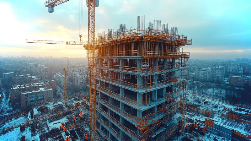 Construction Site of a High-rise Building with Active Workers and ...