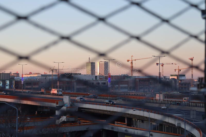 Construction Site by the High Way View through Wire Stock Image - Image ...