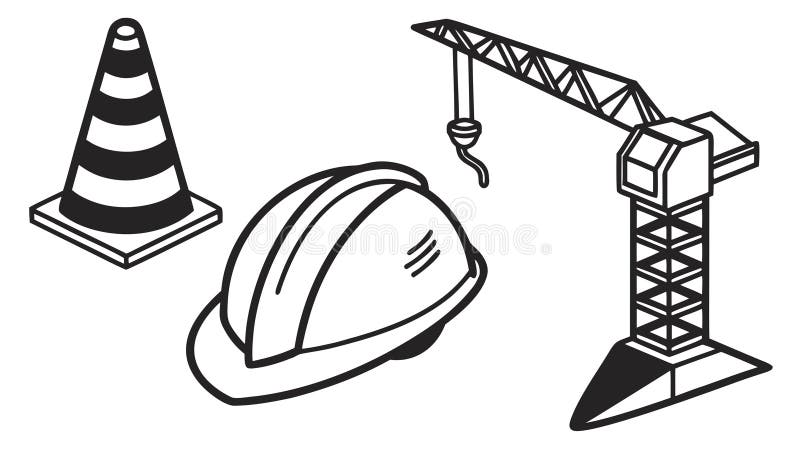 Construction Site Icon Set with Crane, Hard Hat, and Traffic Cone ...