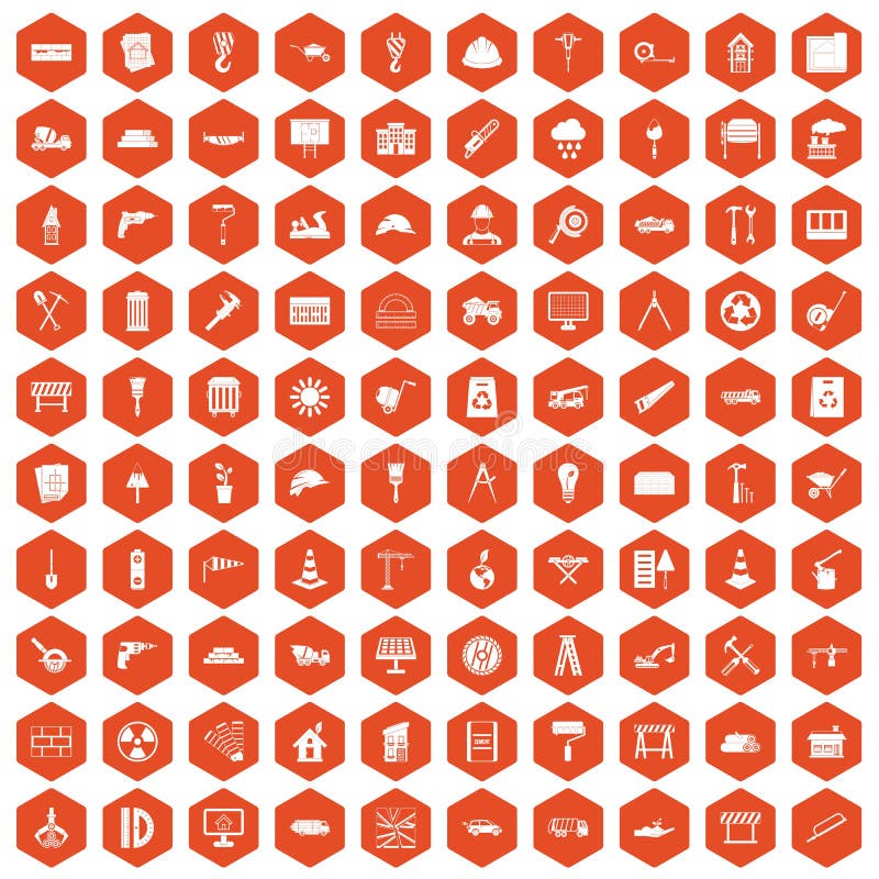 100 Construction Site Icons Hexagon Orange Stock Vector - Illustration ...
