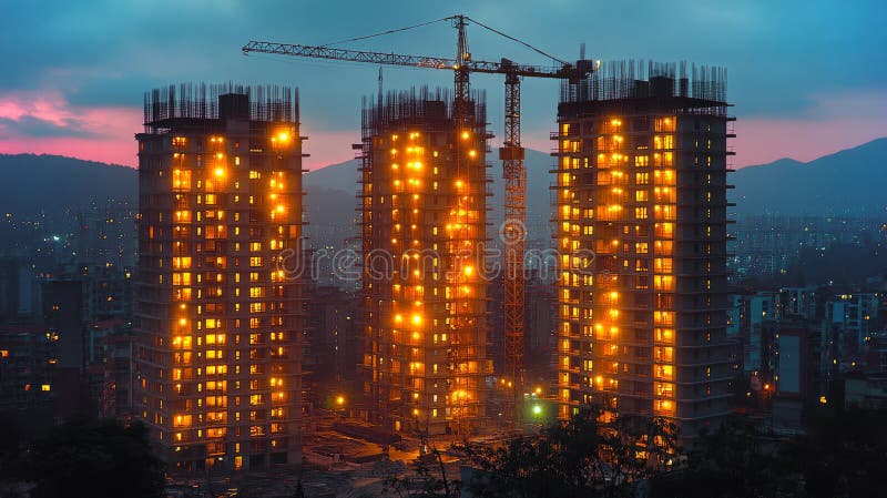Construction Site Illuminated at Dusk with Three Towering Buildings and ...