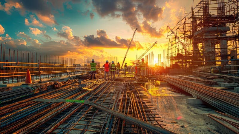 Construction Site at Sunset with Workers and Cranes, Urban Development in Progress. AIG53M Stock ...