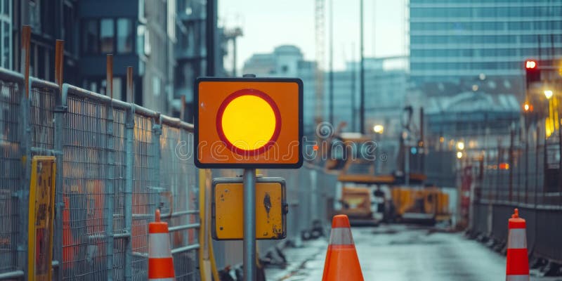 A Construction Site with an Illuminated Traffic Sign. the Bright Orange ...