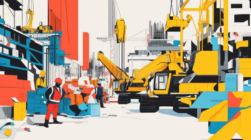 Construction Site Illustration, Dynamic Abstract of Heavy Machinery and ...