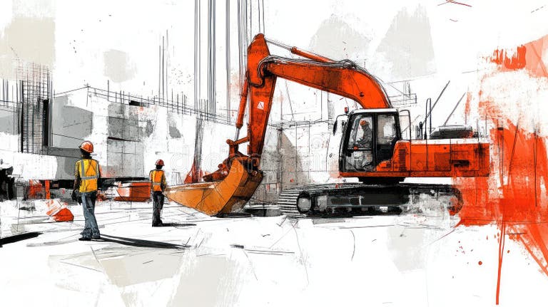Construction Site Illustration, Excavator and Workers in Abstract Style ...