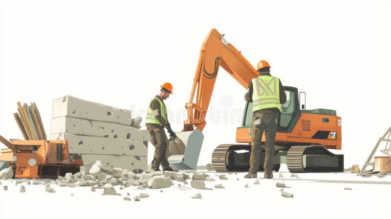 Construction Site Illustration, Excavator, Workers, and Demolition ...