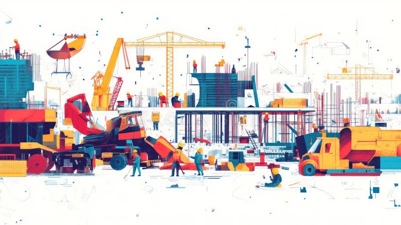 Construction Site Illustration, a Vibrant Visual of Workers and Heavy ...