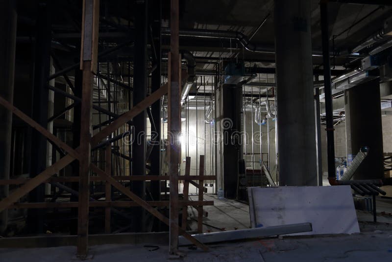 Construction Site Interior at Night Stock Image - Image of building ...