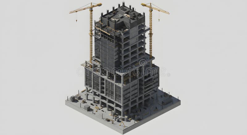 Construction Site Isometric View High-rise Building with Cranes and ...