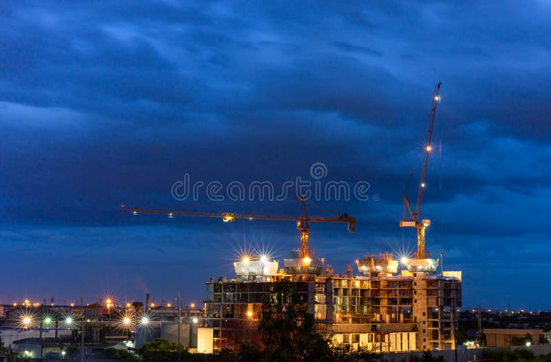 Construction Site with Cranes in Night Stock Image - Image of crane ...