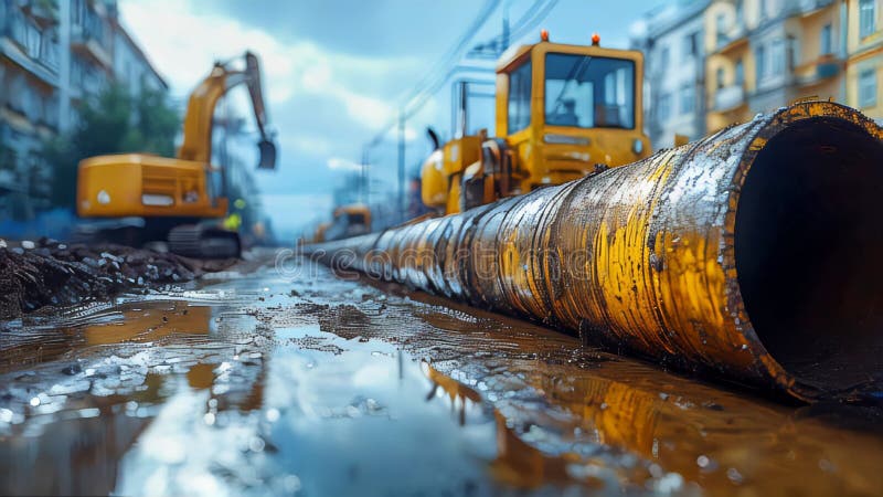 Construction Site with a Large, Rusty Pipeline Laying on Muddy Ground ...