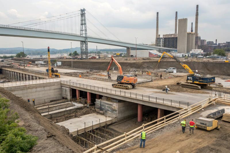 Large Construction Project with Bridge and Buildings Stock Illustration ...