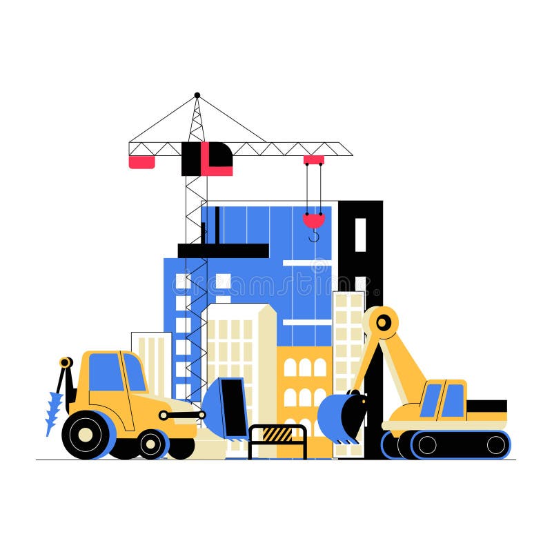 Construction Site with Machinery and Buildings in Flat Vector ...