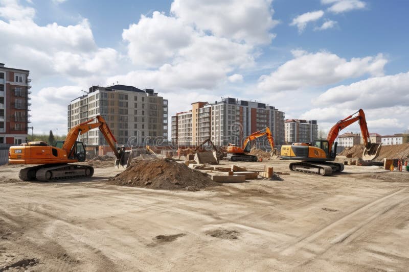 Construction Site Machinery, with Bulldozers and Cranes in the ...
