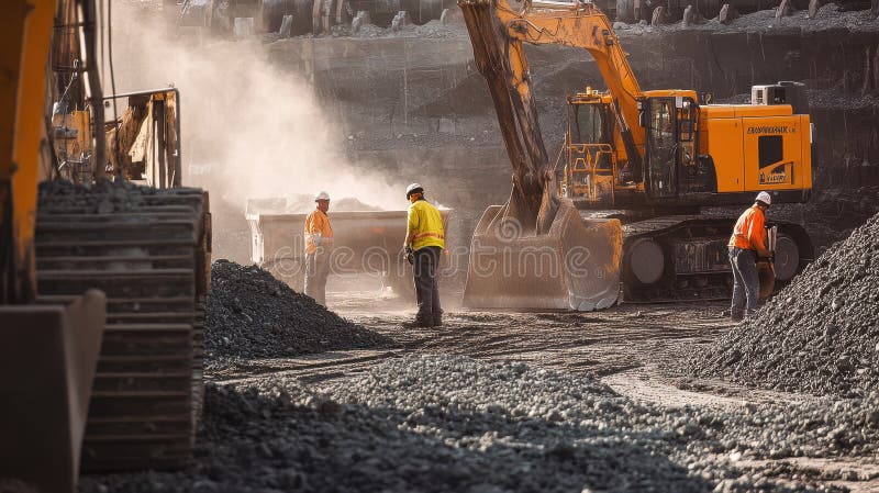 Construction Site with Machinery and Workers Managing Heavy Materials ...