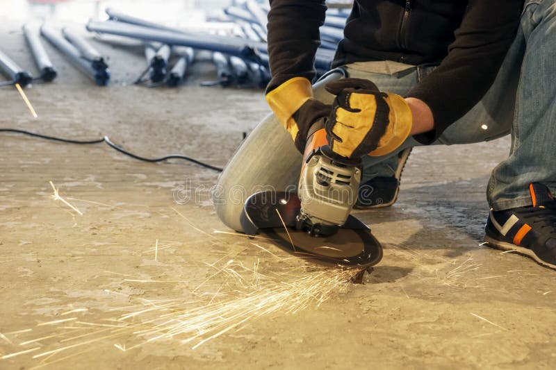 Construction Site, Man with Angle Grinder Stock Image - Image of ...