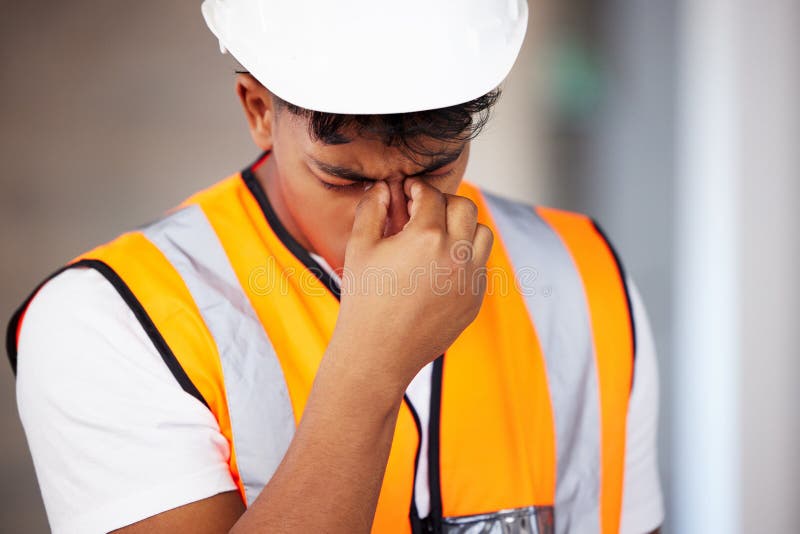 Construction Site, Man and Contractor with Headache of Stress, Burnout ...