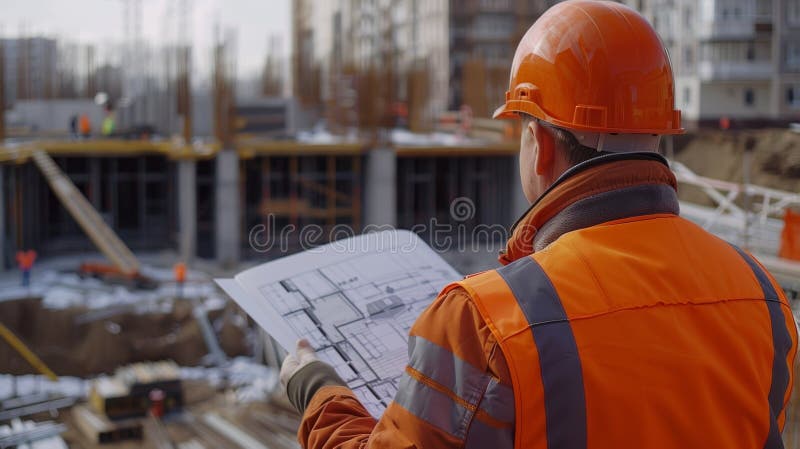 The Construction Site Manager Carefully Studies a Blueprint while ...