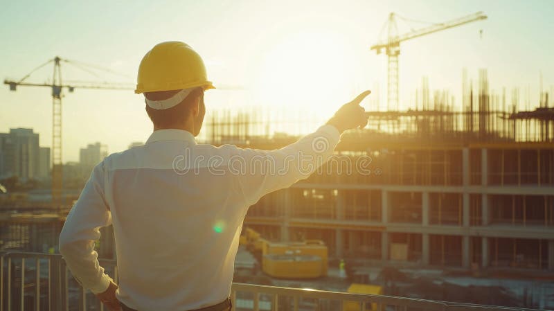 Construction Site Manager Pointing at Building Under Construction ...