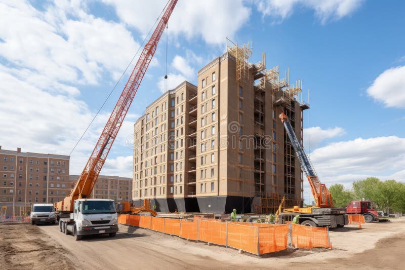Construction Site with Massive Crane Lifting Construction Materials ...