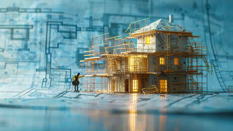 Construction Site Model on Blueprint Stock Illustration - Illustration ...