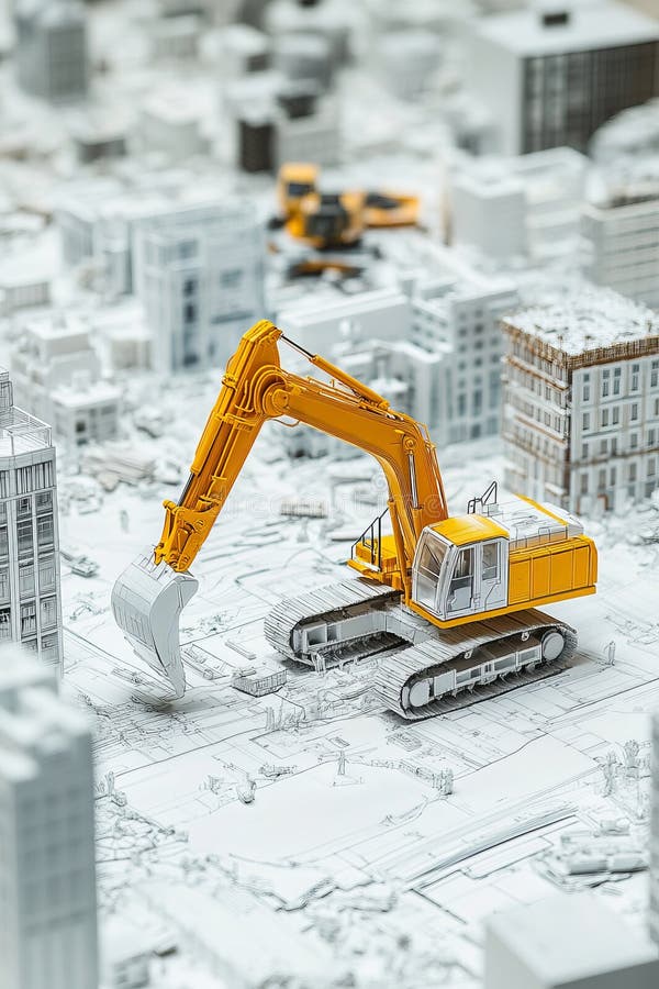 Construction Site Model Featuring Yellow Excavator among Buildings ...