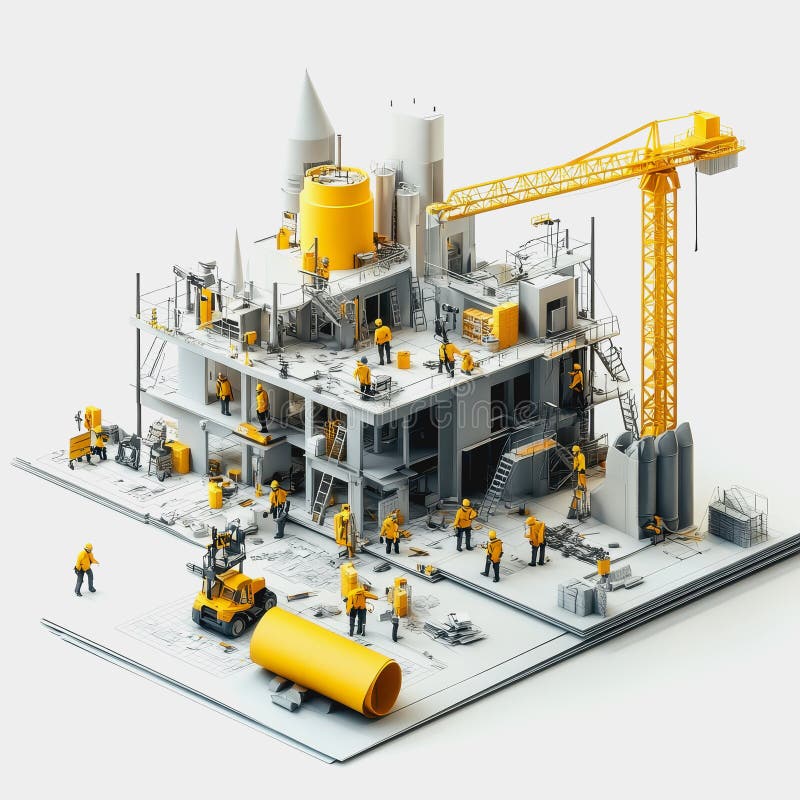 Construction Site Model Featuring Yellow Machinery and Workers Engaged ...