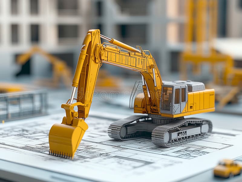 Construction Site Model Showcasing Yellow Excavator on Blueprints Stock ...