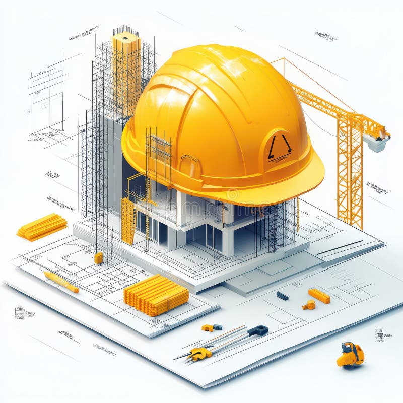 Construction Site Model Yellow Hard Hat Blueprints Crane Safety Stock ...