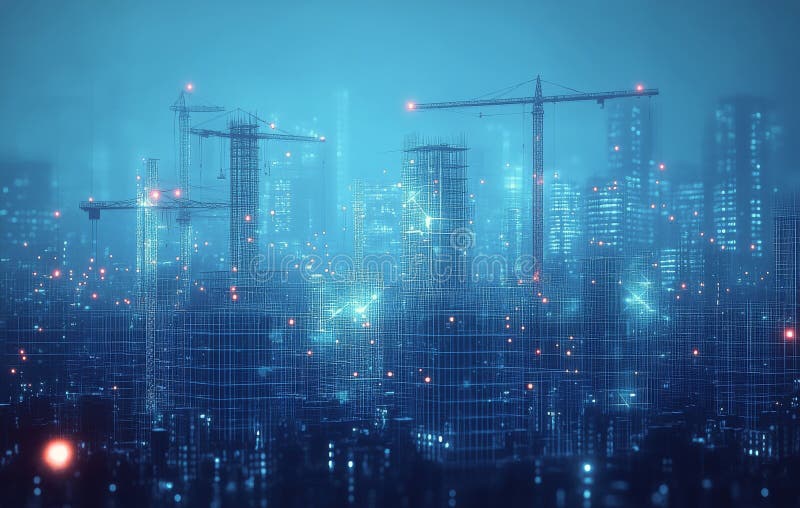 Construction Site in a Modern City with Digital Overlay and Cranes at ...