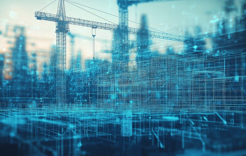 Construction Site in a Modern City with Digital Overlay and Cranes at ...