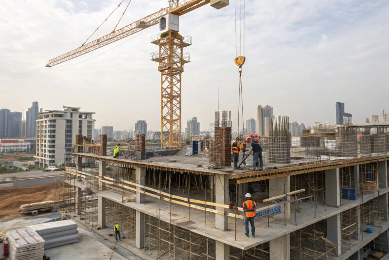 High-rise Buildings Under Construction with Cranes Stock Illustration ...