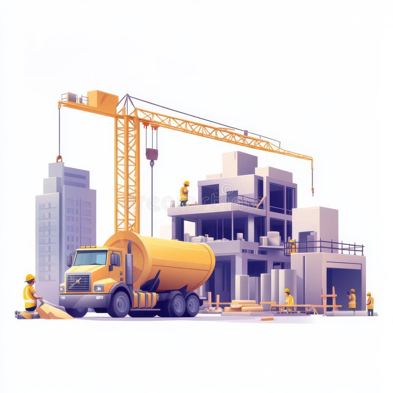 Construction Site Modern House Building Process Crane Truck Workers Stock Illustration ...