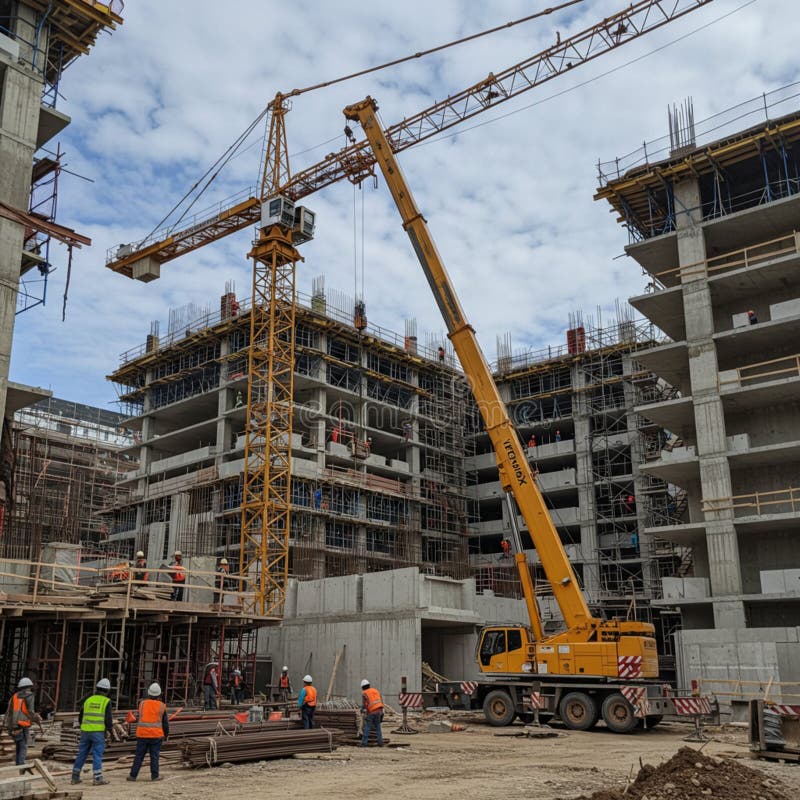 Construction Site with Multi-story Concrete Buildings Under Development ...