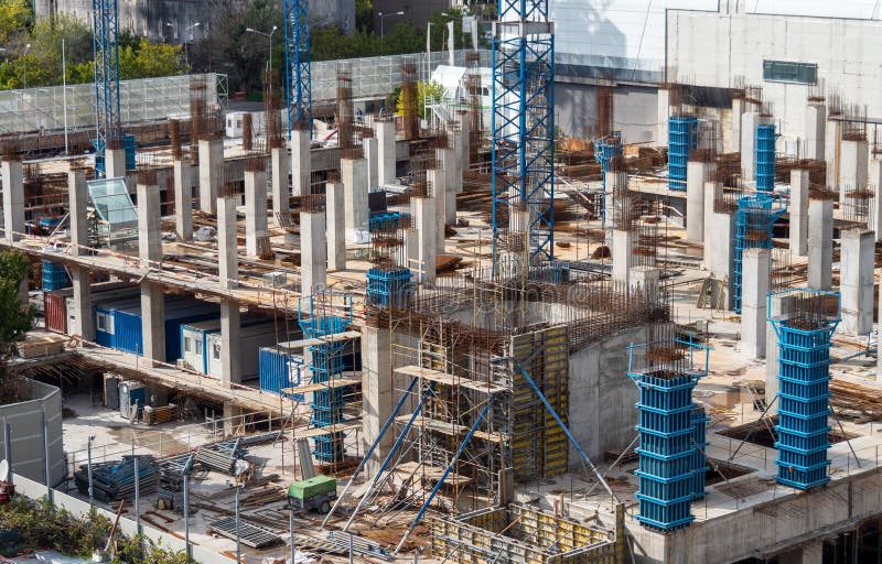 Construction Site with Multiple Columns and Scaffolding Stock Photo ...