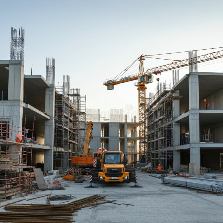 Construction Site with Multiple Concrete Structures. Stock Illustration ...