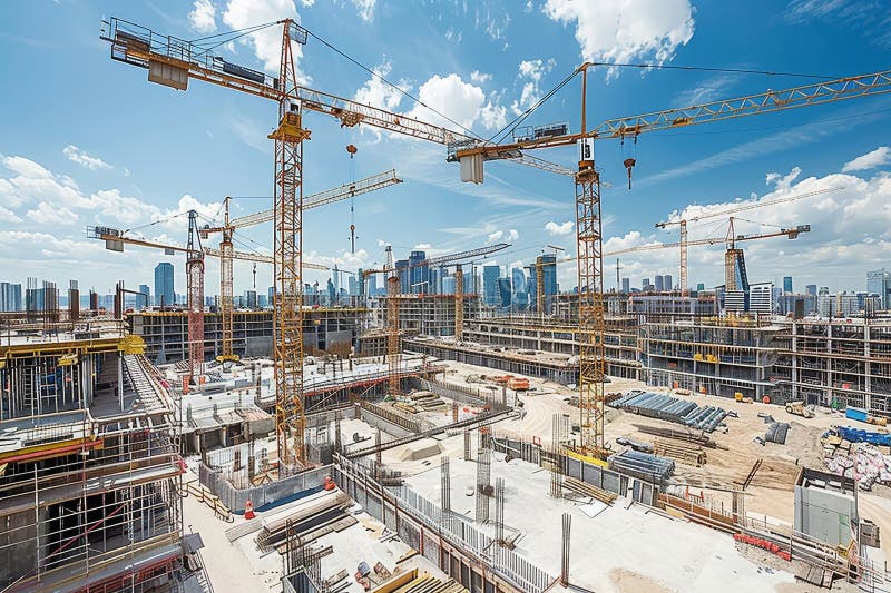 Construction Site with Multiple Cranes Towering Over Buildings in the ...