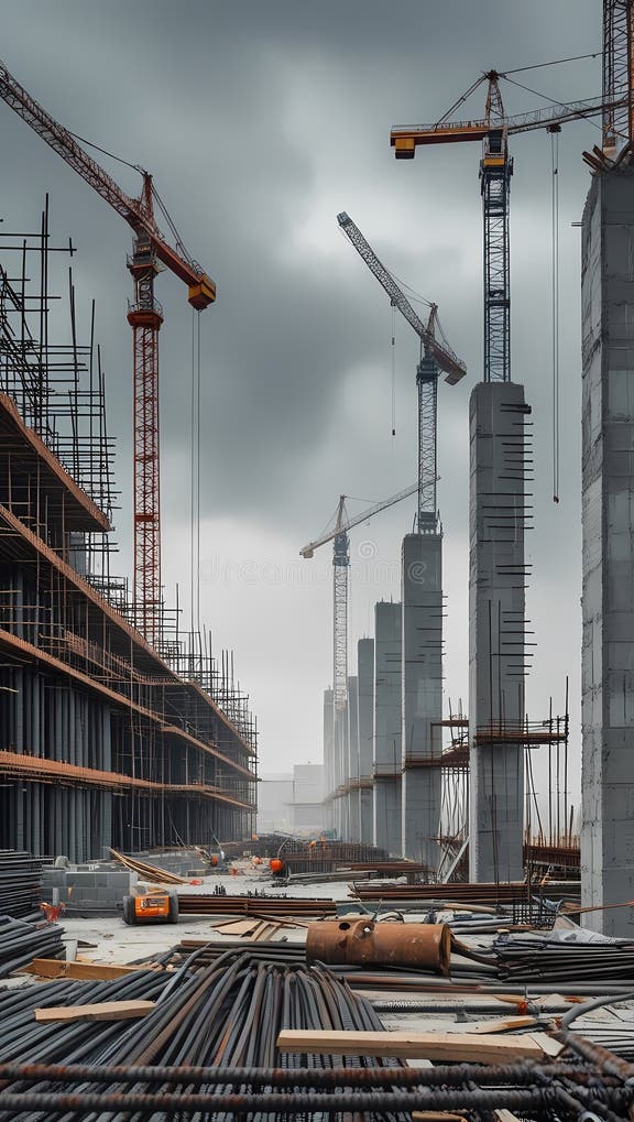 Construction Site with Multiple Cranes Towering Over Partially Built ...
