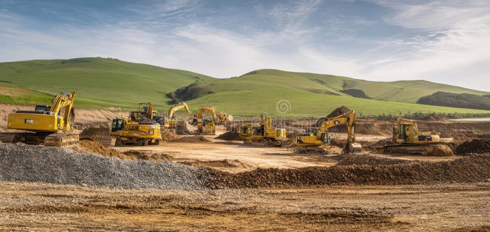 The Construction Site with Multiple Excavators and Heavy Machinery in ...