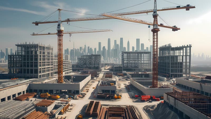 Construction Site with Multiple Large Cranes Towering Over Partially Built Structures. Stock ...