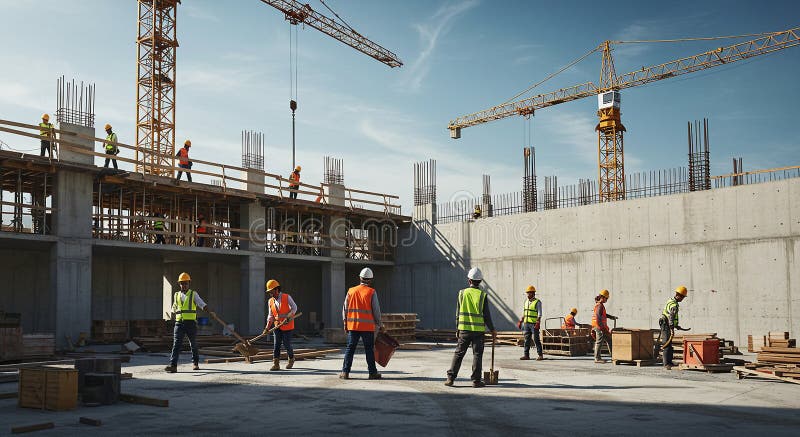 Construction Site with Multiple Male Workers Wearing Safety Gear ...