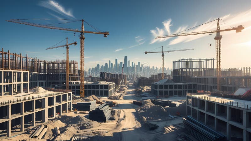 Construction Site with Multiple Tower Cranes and Partially Built ...