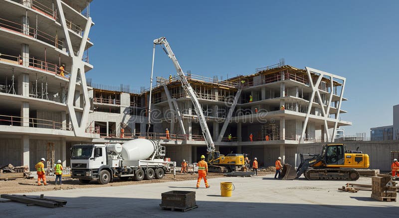 Construction Site with Multiple Workers in Safety Gear Overseeing ...