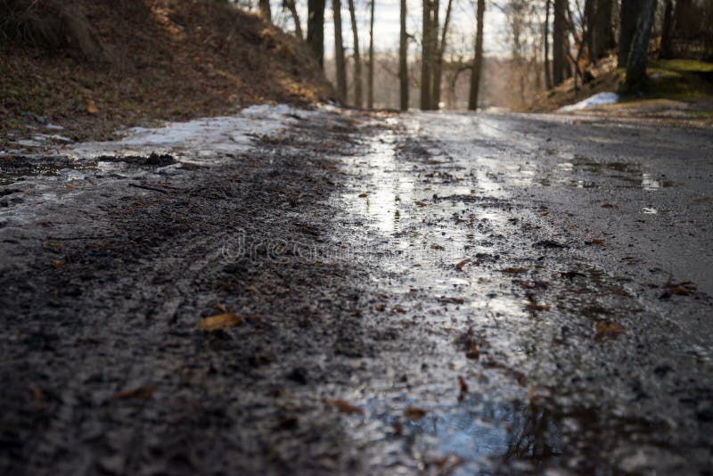 Construction Site of New Road in Forest in Winter with Snow and Mud ...