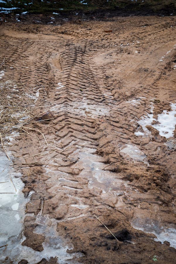 Construction Site of New Road in Forest in Winter with Snow and Mud ...