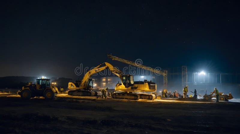 Nighttime Construction Site with Workers, Machines, and Bright ...